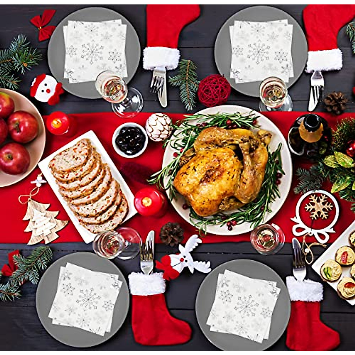 100 Christmas Snowflake Cocktail Beverage Napkins Holiday Disposable Paper Napkin Silver White Snowflakes Dessert Napkins for Home Dinner Buffet Xmas Decorative Tableware Party Supplies Decorations