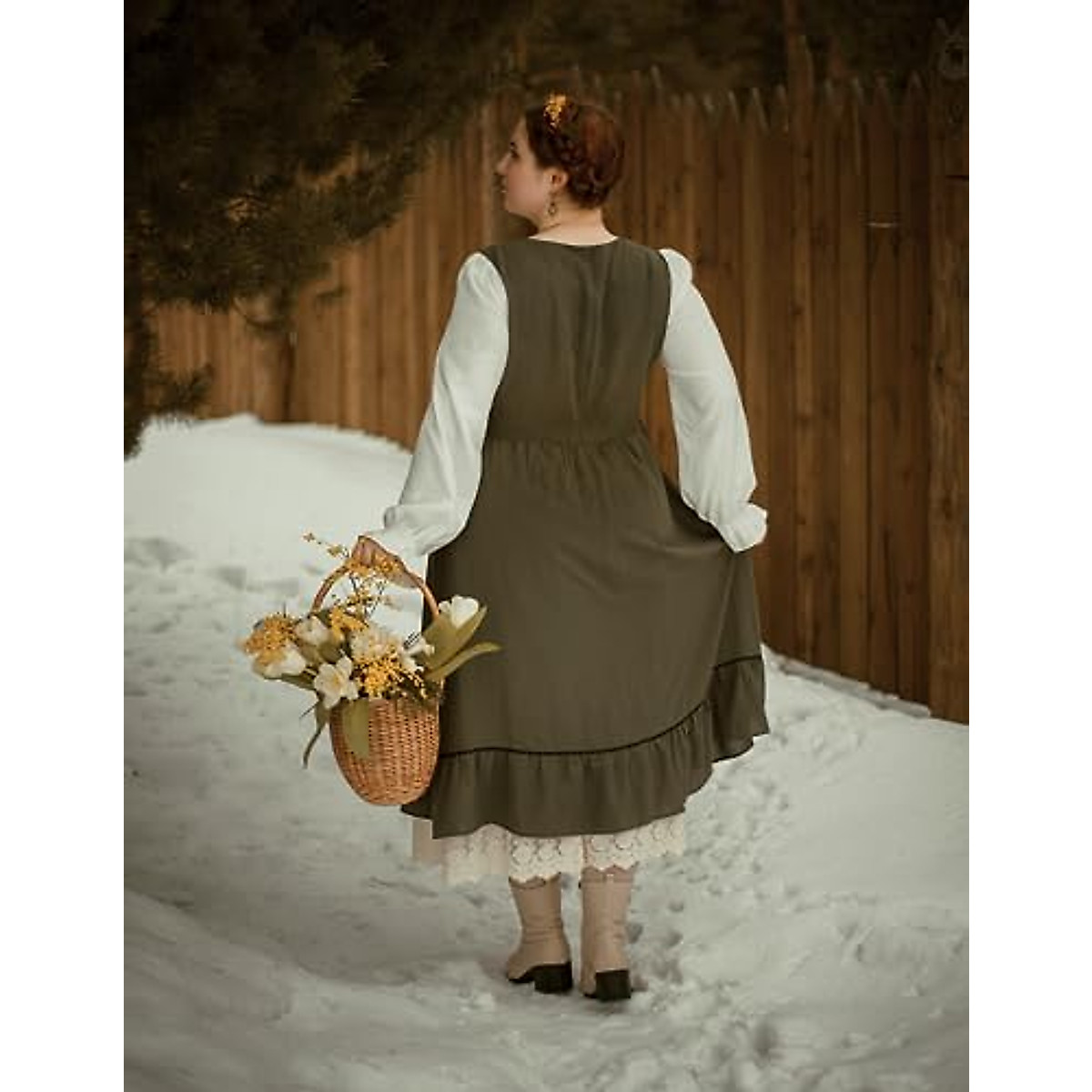 Renaissance Faire Costume Women Long Sleeve Midi Dress Modest Dress A Line Ruffle Medieval Dress Green L