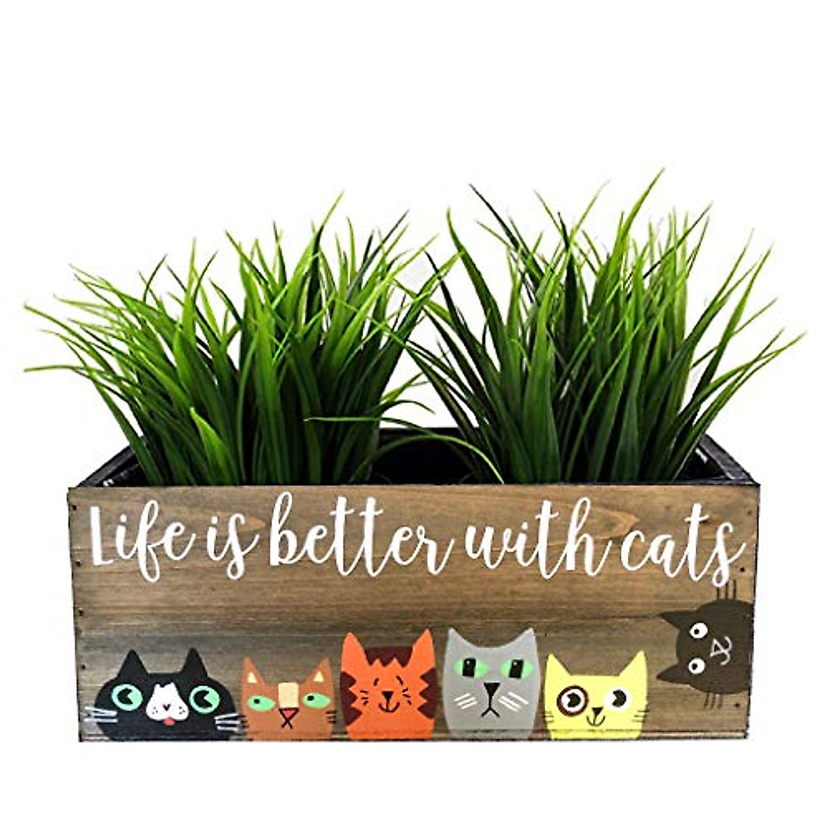 Cat Planter, Life is Better With Cats Wood Planter Box, Cat Mom, Catnip, Cat Lover Gift (Natural Brown Wood)