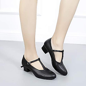 HROYL Women Ballroom Dance Shoes Closed Toe Latin Salsa T-Strap Modern Tango Walts Character Shoes Suede Sole YCL041-4 Black, 9.5 B(M) US