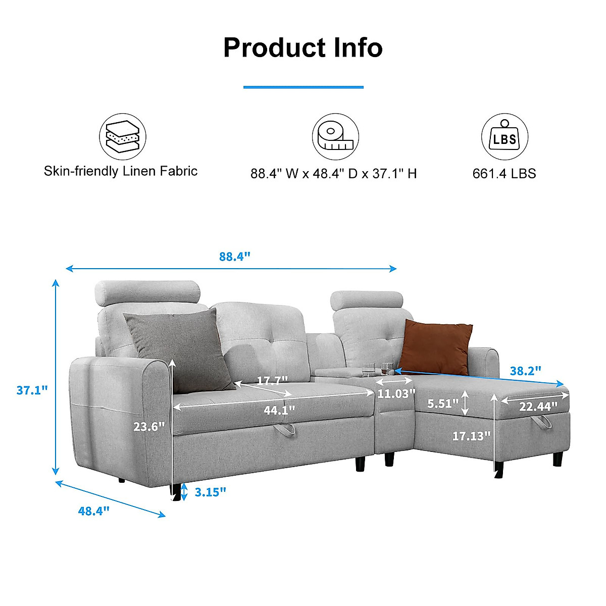 PUREMIND L Shaped Sofa for Living Room, Convertible Sectional Couch with Reversible Storage Chaise, Linen 3 Seater Lounge Sofa with Neck Pillows, L- Shape Sectional Sofa for Apartment