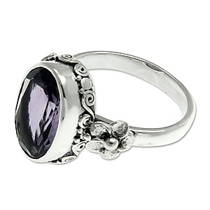 NOVICA Artisan Handcrafted Amethyst Solitaire Ring Floral Sterling Silver Purple Single Stone Indonesia Mauve Mist Birthstone [crownbezel 0.6 in L x 0.4 in W x 0.2 in H Band Width 3 mm W] '