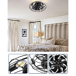 Glitnous 18'' Small Caged Flush Mount Ceiling Fans with Lights and Remote, Black Low Profile Rustic Farmhouse Modern Lighting & Ceiling Fan, Bladeless 6 Speed Timing for Bedroom Kitchen Dining Room