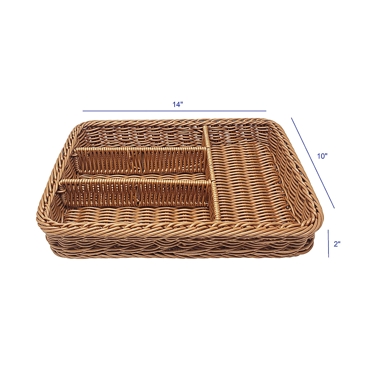 KOVOT Poly-Wicker Divided Basket Tray For Storage, Food or Cutlery, Drawer Insert Compartment Organizer Woven Polypropylene - 14"L x 10"D x 2"H