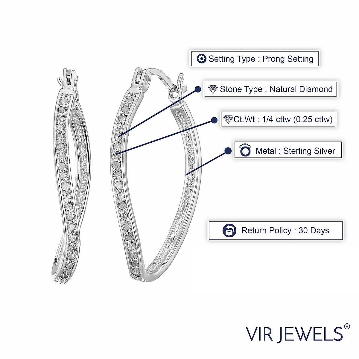 Vir Jewels 1/4 cttw Diamond Hoop Earrings .925 Sterling Silver with Rhodium Plating 1 Inch