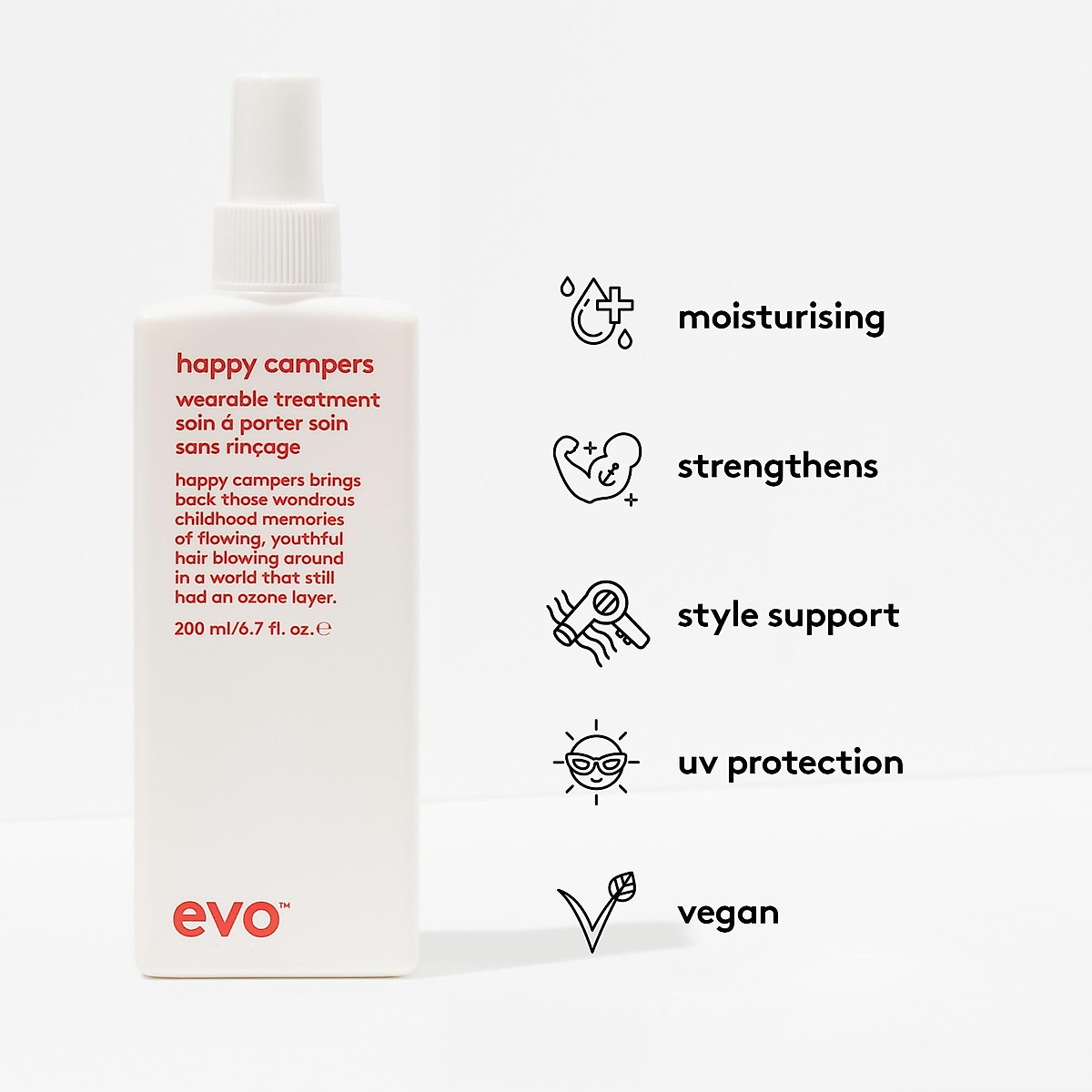evo Happy Campers Wearable Treatment - Daily Hair Treatment to Strengthen and Protect - Reduces Frizz and Provides UV Protection - 200ml / 6.8oz