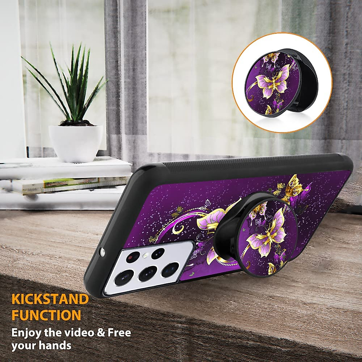 SAKUULO for Samsung Galaxy S21 Ultra Case, [Screen Protector + Kickstand] Purple Butterfly Design,Tire Texture Anti-Slip Shockproof Lightweight Protective Case for Galaxy S21 Ultra 6.8 Inch (2021)