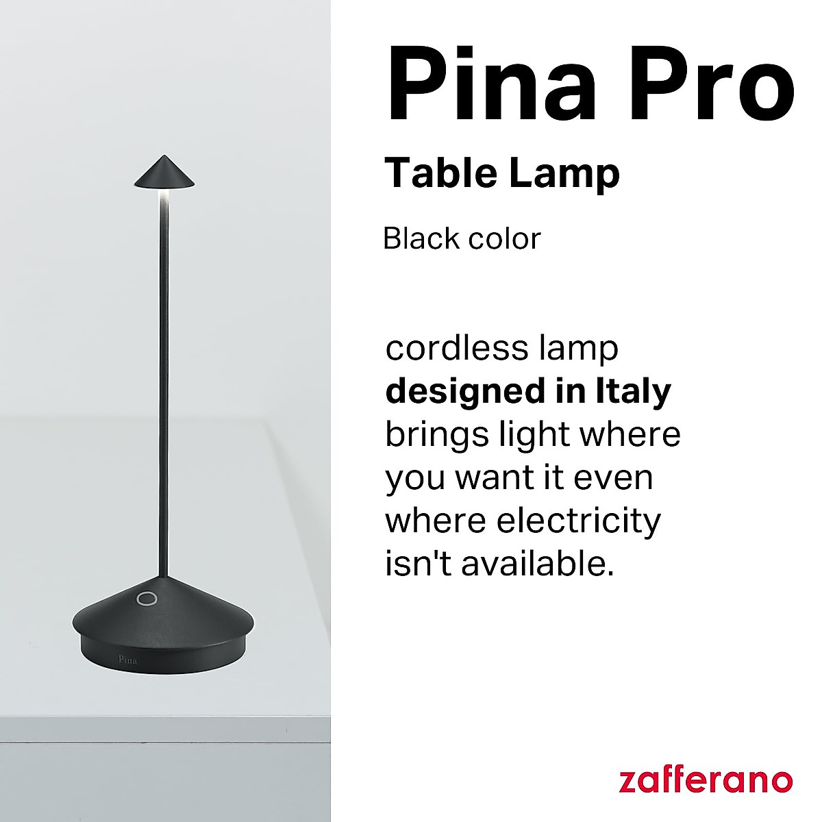 Zafferano, Pina Pro Lamp, Rechargeable Cordless Table Lamp with Touch Controls, Suitable for Indoor and Outdoor, Dimmer, 2200-3000 K, Height 11.4 Inches, Black Color