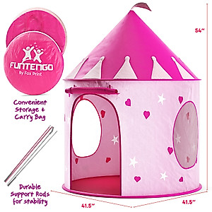 FoxPrint Princess Castle Play Tent with Glow in the Dark Stars Folds in Carrying Case Foldable Pop Up Pink Play Tent/House Toy for Indoor&Outdoor Use