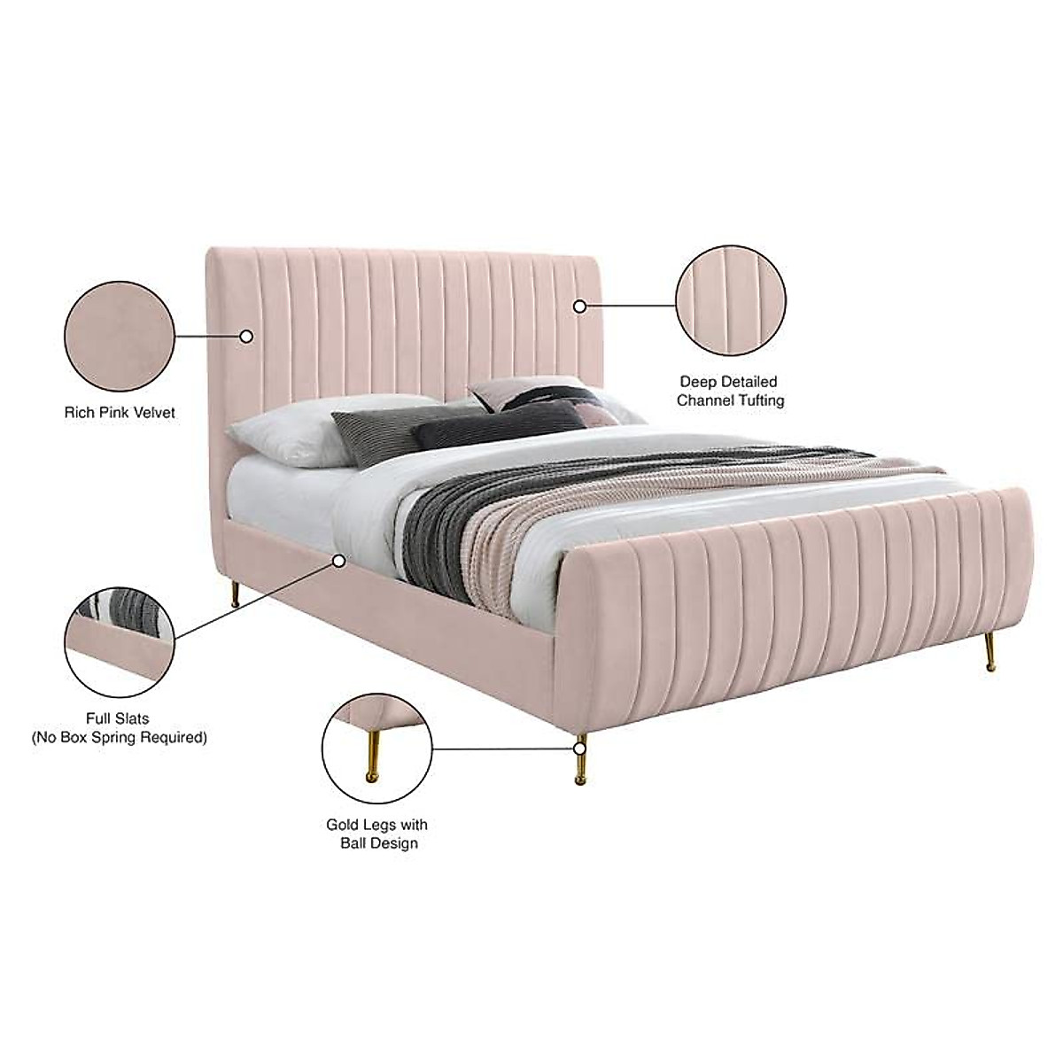 Meridian Furniture Zara Collection Modern | Contemporary Velvet Upholstered Bed with Deep Channel Tufting and Custom Gold Legs, King, Pink