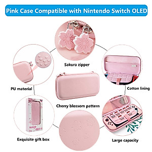 OLDZHU Pink Travel Carrying Case Accessories Kit Compatible with Nintendo Switch OLED 2021,10 in 1 Protection Kits with Hard Protective Cover,Glass Screen Protector,Adjustable Stand,Thumb Grip Caps
