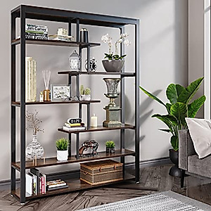 Wildhome 7-Shelves Staggered Bookshelf, 71 Inch Extra Tall Bookcase,Vintage Book Shelves Display Shelf Organizer for Office, Study Room, Living Room,(Retro Brown)