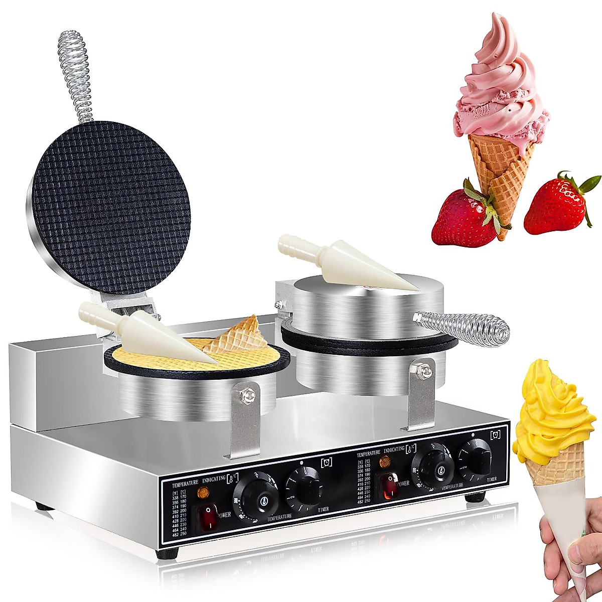 Ice Cream Cone Maker 110V Commercial Waffle Cone Machine 2600W Electric Stainless Steel Non-stick Cone Waffles Maker With Temp & Time Control for for Restaurant Bakery Snack Bar Family
