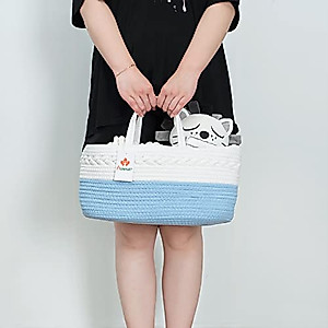 Large Baby Diaper Caddy Organizer Blue 100% Cotton Rope Basket Nursery Storage Bin Portable for Changing Table/Car Hanging Travel Bag Tote Newborn Registry Must Have Baby Boy Shower Gift Basket