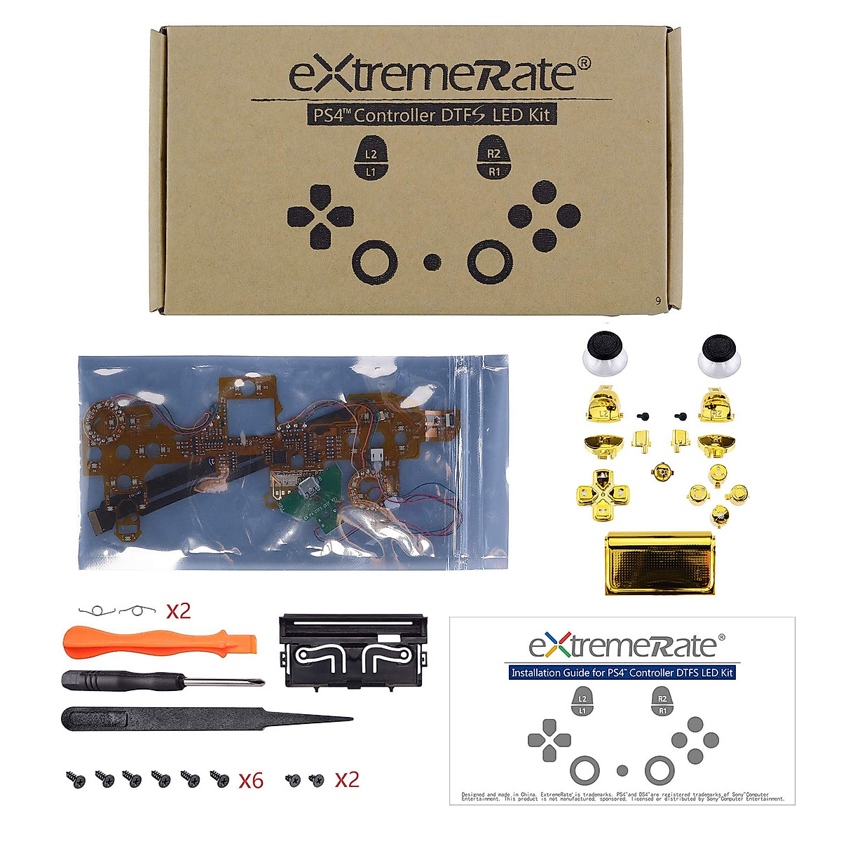 eXtremeRate 7 Colors 9 Modes Button Control DTFS (DTF 2.0) LED Kit, Chrome Gold Classical Symbols Multi-Colors Luminated D-pad Thumbsticks Face Buttons for PS4 Controller - Controller NOT Included