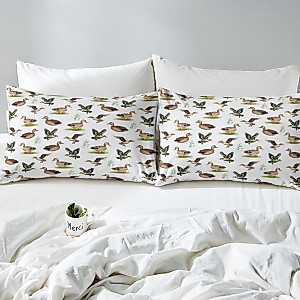 Queen Size Duck Bed Sheet Set Boys Girls Wild Duck Print Fitted Sheet for Kids Women Men Ultra Soft Grey Bedding Set Duck Hunting Bed Cover Room Decor