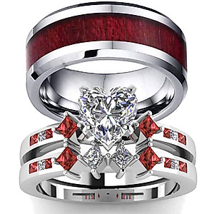ringheart Couple Rings White Gold Filled Heart Stone Red Cz Womens Wedding Ring Sets Wood grain Man Tungsten Wedding Band
