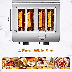 Toaster 4 Slice, Stainless Steel Toasters with Bagel, Cancel and Defrost Function, Dual Control, 1.6 inch Extra-wide Slot, 7 Toasting Levels Toaster with Removable Crumb Trays & Warming Rack 1500W TA1