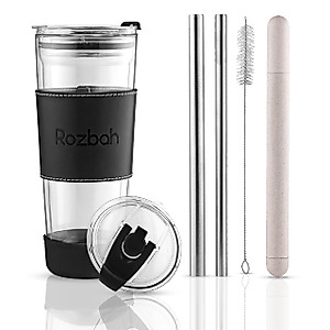 ROZBAH 20 oz Premium Insulated Double Wall Glass Tumbler - Spill Proof - Stainless Steel Straws - Mutli-purpose Lid - Reusable Travel Mug for Boba Tea, Coffee, Juice, Smoothies and Shakes
