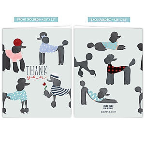 Koko Paper Co Black and Blue Standard Poodles Thank You Cards | 15 Folded Cards and 15 Bright White Envelopes (30 Count Total) | Printed on Heavy Card Stock.