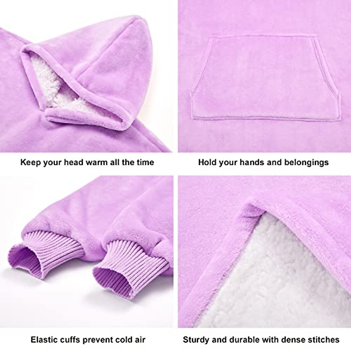 Touchat Wearable Blanket Hoodie, Oversized Sherpa Blanket Sweatshirt with Hood Pocket and Sleeves, Super Soft Warm Plush Hooded Blanket for Adult Women Men, One Size Fits All (Purple)