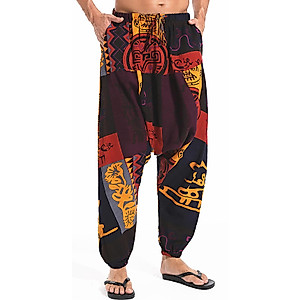 perdontoo Men Women's Harem Pants Drawstring Elastic Waist Aladdin Boho Hippie Drop Crotch Trousers (38, Style 1)
