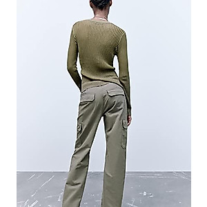 SAFRISIOR Women Sexy See Through Long Sleeve T-Shirts Mesh Sheer Skinny Rib Scalloped Trim Tees Blouse Top Outfits Khaki