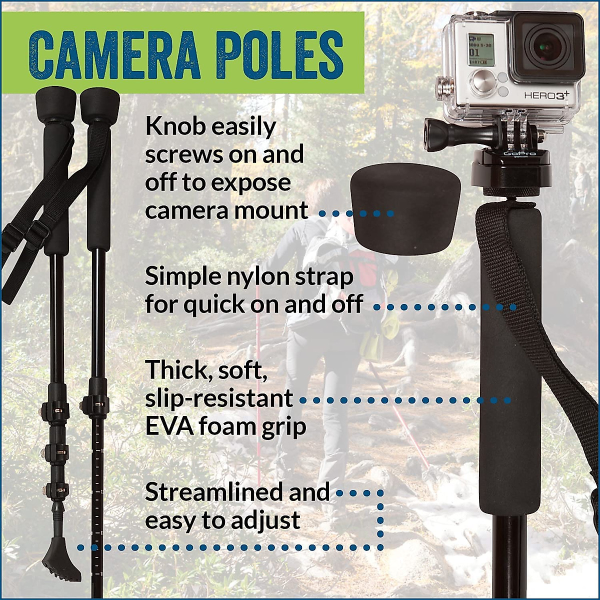 Trekking Bundle - York Nordic Adjustable Travel Pole with 2 Extra Sets of Feet