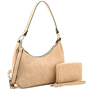 Vegan Leather 2 Way Medium Classic Retro Shoulder Bag Crossbody Purse Wallet Set (Khaki)