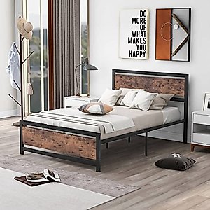 Epinki Metal and Wood Bed Frame with Headboard and Footboard, Full Size Platform Bed, No Box Spring Needed, Easy to Assembly Black