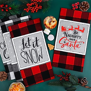 Ruisita 4 Pack Buffalo Plaid Christmas Cotton Kitchen Towels Oversized Embroidered Xmas Decorative Dish Towels 28 x 18 Inch for Winter Holiday Kitchen Drying Cooking