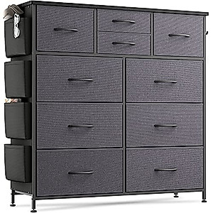 YaFiti 10 Drawer Dresser, Chest of Drawers for Bedroom, Fabric Dresser Drawers with Side Pockets, Hooks, Wooden Top and Sturdy Metal Frame for Living Room, Closet, Hallway, Nursery (Grey)