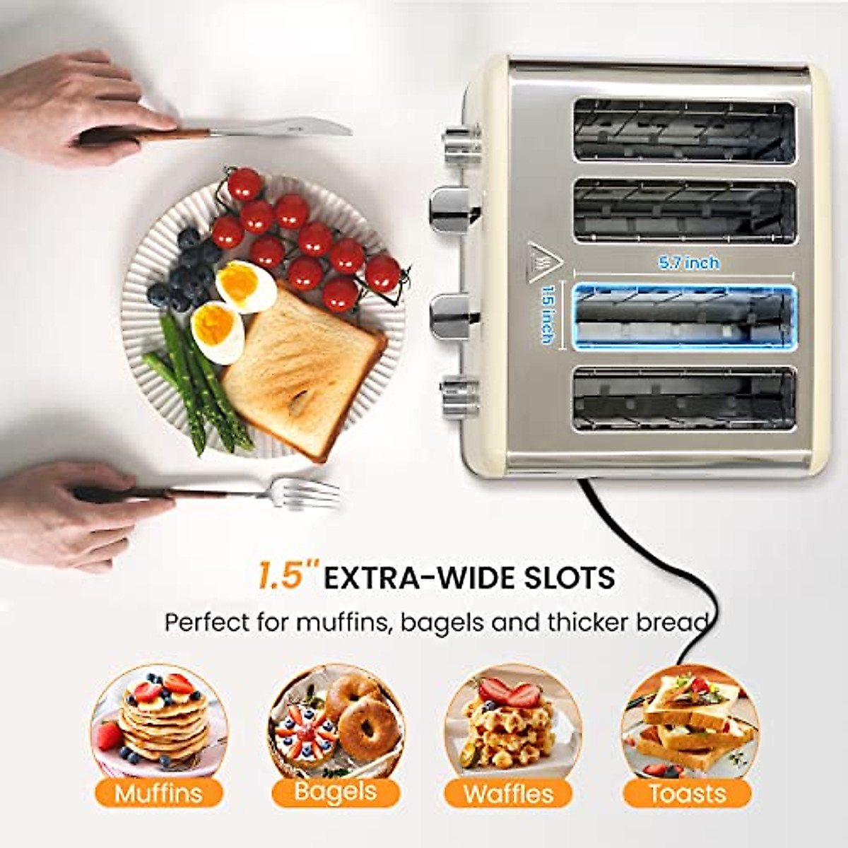URIOO Toaster 4 Slice Retro Stainless Steel Bread Toaster with Extra-Wide Slots, Removable Crumb Tray, Reheat, Cancel, Defrost Function, 6 Browning Settings, Cream