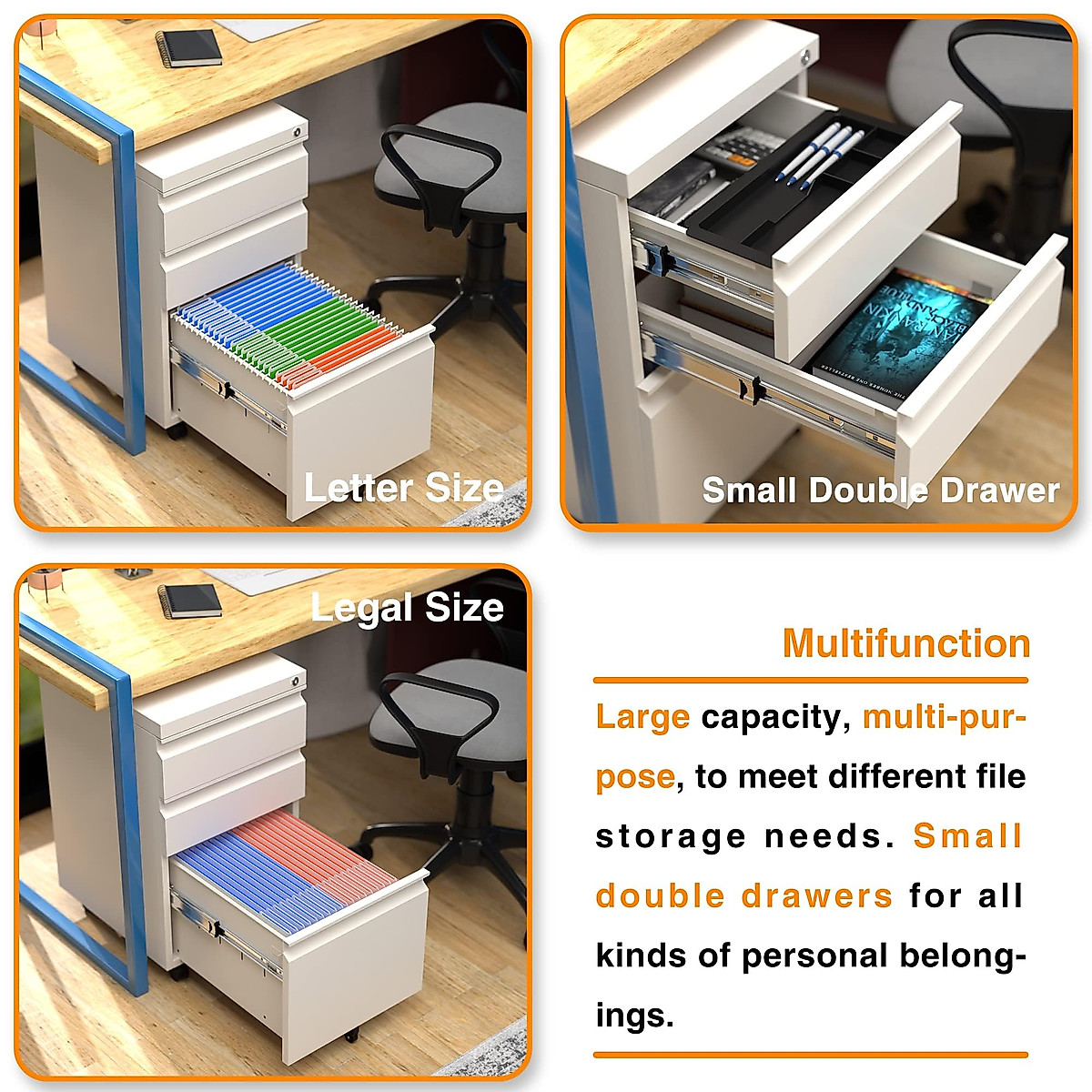 Aobabo Metal 3 Drawer Mobile File Cabinet with Lock, Under Desk Metal Filing Cabinet, 23.6''H A4/Legal/Letter Size Storage Cabinet, Fully Assembled