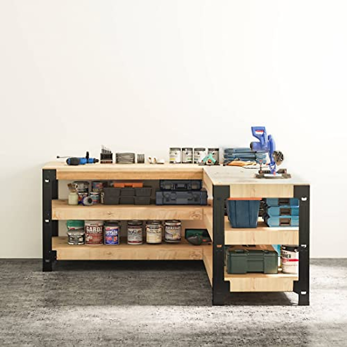 FLEXIMOUNTS Universal Steel Workbench Kit 5 Legs L Shaped Heavy Duty Work Bench for Garage Storage Shelving Workbenches Frame Black Customizable Work Table Brackets, Lumber Not Included