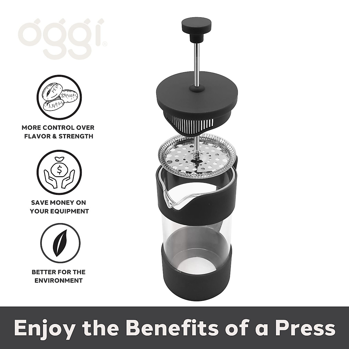 Oggi French Press Coffee Maker (12oz)- Borosilicate Glass, Coffee Press, Single Cup French Press, 3 cup Capacity, Black