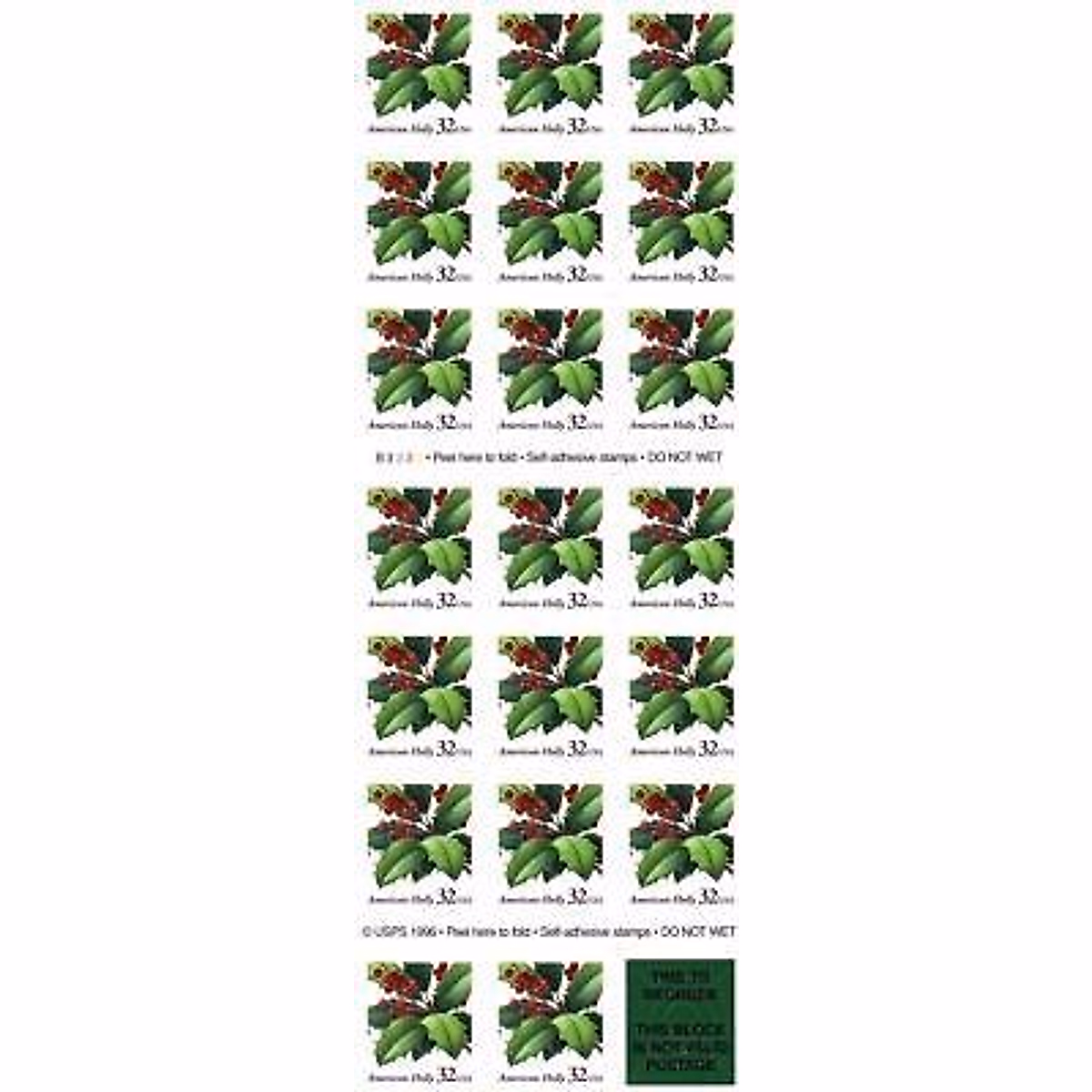 Christmas Holly 20 x 32 Cent US Stamps 3177 NEW 1997 by USPS; US Post Office Dept; US Stamps