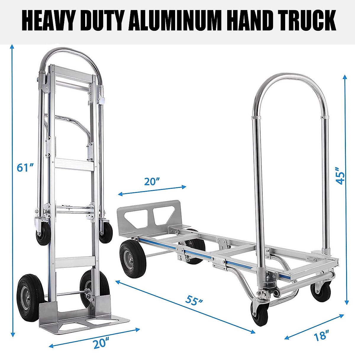 TOPDEEP Heavy Duty Aluminum Hand Truck, Industrial Convertible Hand Truck Dolly Large Size, Utility Cart Converts from Hand Truck to Platform Cart with 10" Hi Tech Rubber Wheels