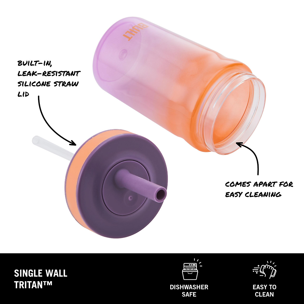 Built 16 fl oz Single-Walled Tritan Straw Seal Bedford Tumbler, Straw Lid Spill-resistant Travel Cup Keep Drinks Cold for Home Travel, Sea Glass