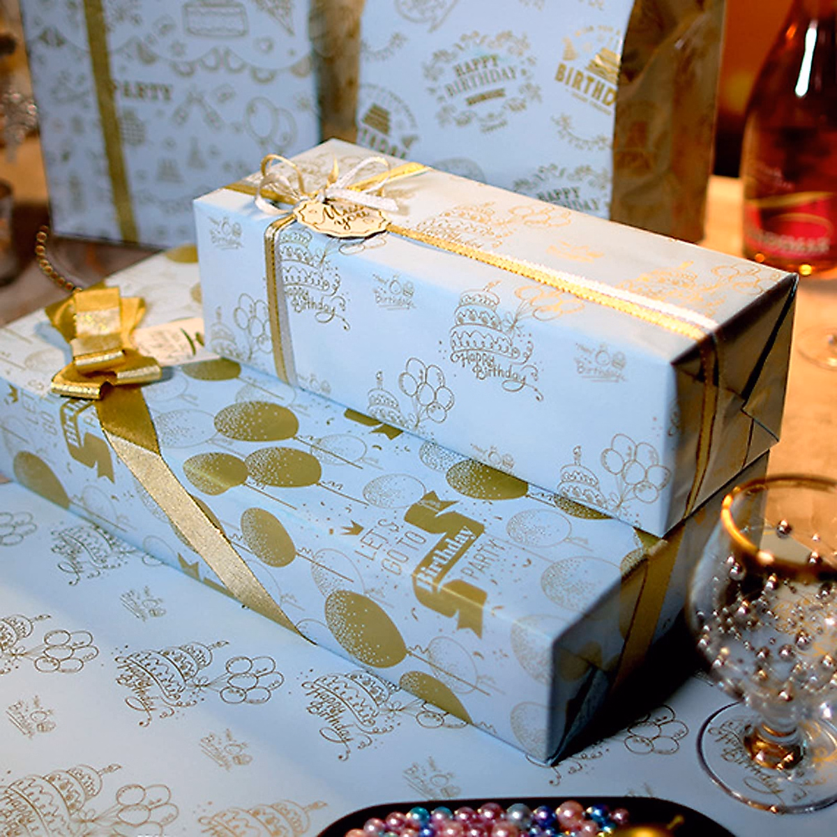 LeZakaa Birthday Wrapping Paper Sheet - Blue Color with Gold Foil - Birthday Party/Cake/Banner/Gift Box for Gift Wrap - 27.5" x 19.6" x 8 Sheets