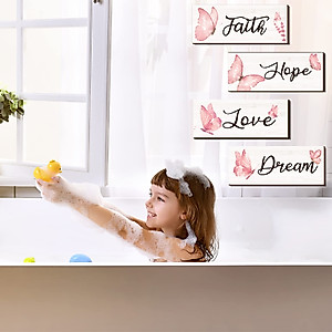 4 Pieces Faith Hope Love Dream Wall Decor Elegant Spring Butterfly Wooden Hanging Decoration Art Butterfly Room Wall Rustic Living Room Accessories for Bedroom Decor(10 x 4 x 0.2 Inch,Pink)
