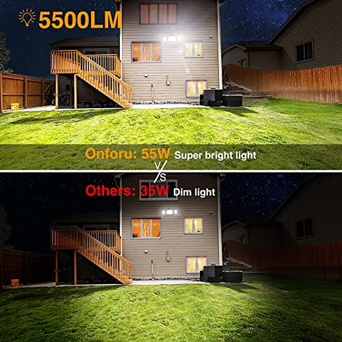 Onforu 55W LED Security Light, 5500LM Super Bright Outdoor Flood Light Fixture with 3 Adjustable Heads, IP65 Waterproof, 6500K White Wall Mount Exterior Security Light for Eave, Yard, Garden, Porch