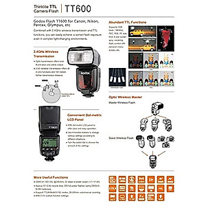 Godox TT600 2.4G Wireless Flash Speedlite Master/Slave Flash with Built-in Trigger System Compatible for Canon Nikon Pentax Olympus Fujifilm Panasonic (TT600)