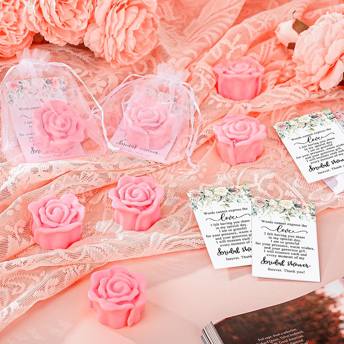 Heigble 30 Sets Bridal Shower Favors for Guests Mini Soap Rose Flower Petals Pink Handmade Floral Scented Bath Soap with Thank You Cards and Organza Bags Wedding Favors for Bridesmaids Guests