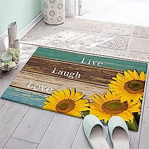 Bathroom Rugs Sunflower on Teal Brown Wood Grain Farm Indoor Doormat Bath Rugs Non Slip, Washable Cover Floor Rug Absorbent Carpets Floor Mat Home Decor for Kitchen (16x24)