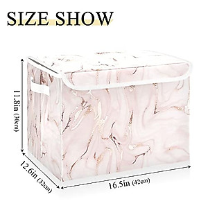Kigai Storage Basket Rose Gold Abstract Marble Storage Boxes with Lids and Handle, Large Storage Cube Bin Collapsible for Shelves Closet Bedroom Living Room, 16.5x12.6x11.8 In