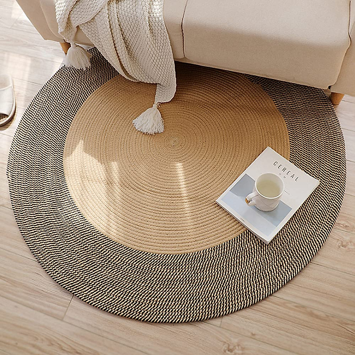 Poowe Hand Woven Round Area Rugs Living Room Bedroom Study Computer Chair Cushion Base Mat Round Carpet Lifts Basket Swivel Chair Pad Coffee Table Rug(2.6' Round)