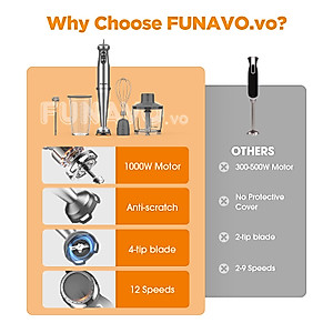 FUNAVO.vo Immersion Blender, 1000W Anti-scratch 5-in-1 Hand Blender, Upgraded 12 Speed Stainless Steel Blade Stick Blender with Turbo Mode, 20oz Beaker, 17oz Chopping Bowl, Whisk, BPA-Free