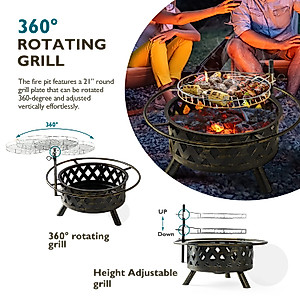 Breezestival 30 inch Fire Pits for Outside with Grill Outdoor Wood Burning with Removable Cooking Swivel BBQ Grill, Cover & Fire Poker for Backyard Bonfire Patio(Black)