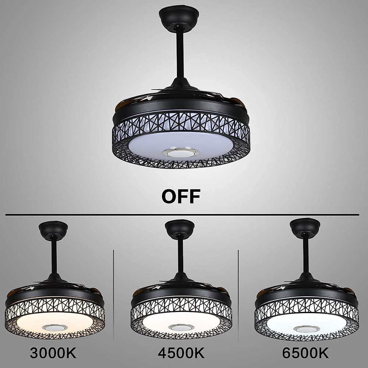 Razaban 42 inch Ceiling Fan Light with Bluetooth Speaker and Remote Control, Modern 3-Color Dimming Chandelier Mute Ceiling Fans with Lights for Bedroom Dining/Living Room (42inch-Black)
